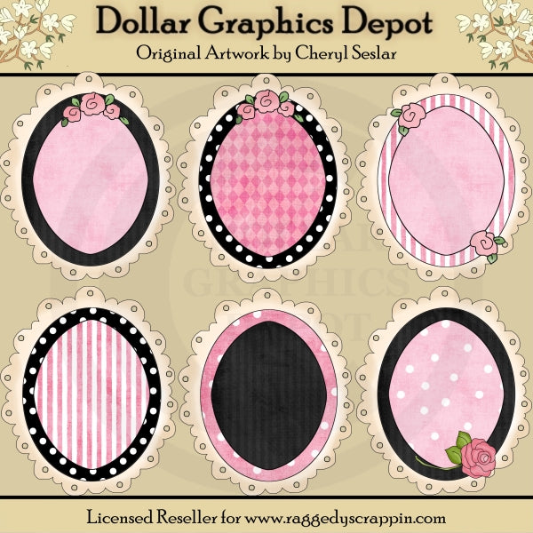 Oval Doodle Frames - Pink & Black - Clip Art – Digital Craft Supplies