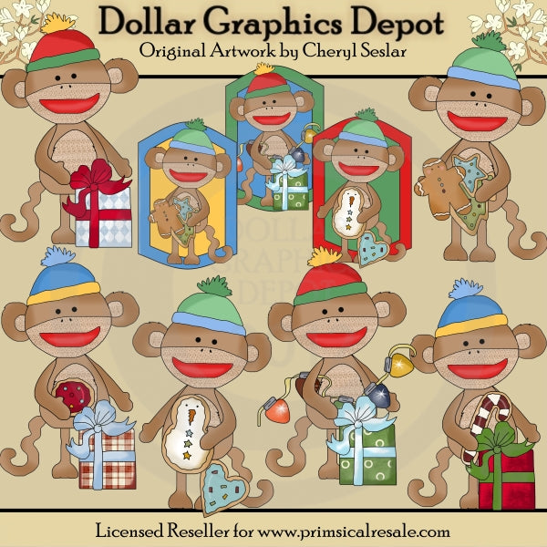 Silly Sock Monkeys - Christmas - Clip Art – Digital Craft Supplies
