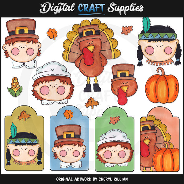 Hand Colored Thanksgiving Friends - Clip Art – Digital Craft Supplies